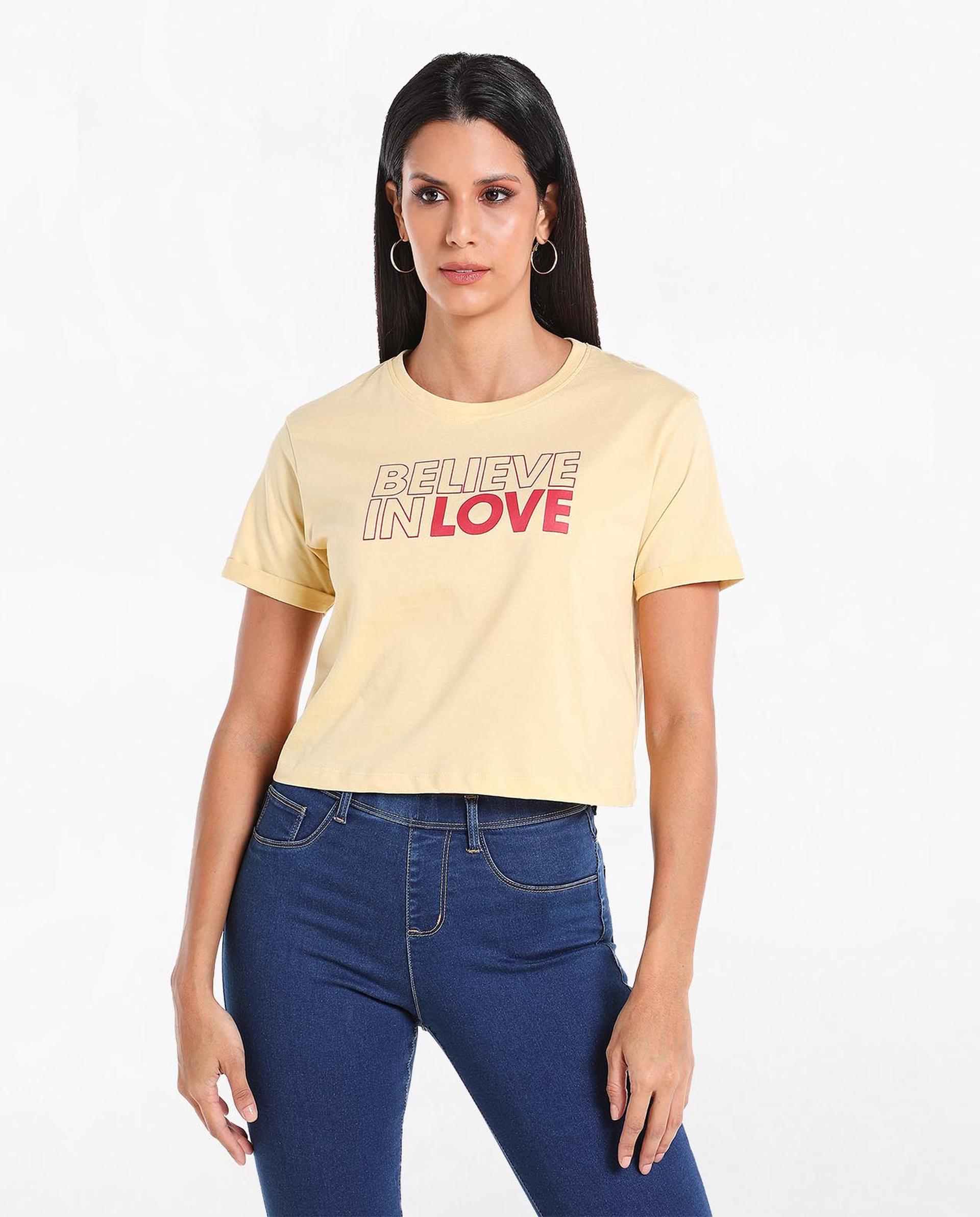 Shop Typography Printed Cropped T Shirt With Round Neck And Short