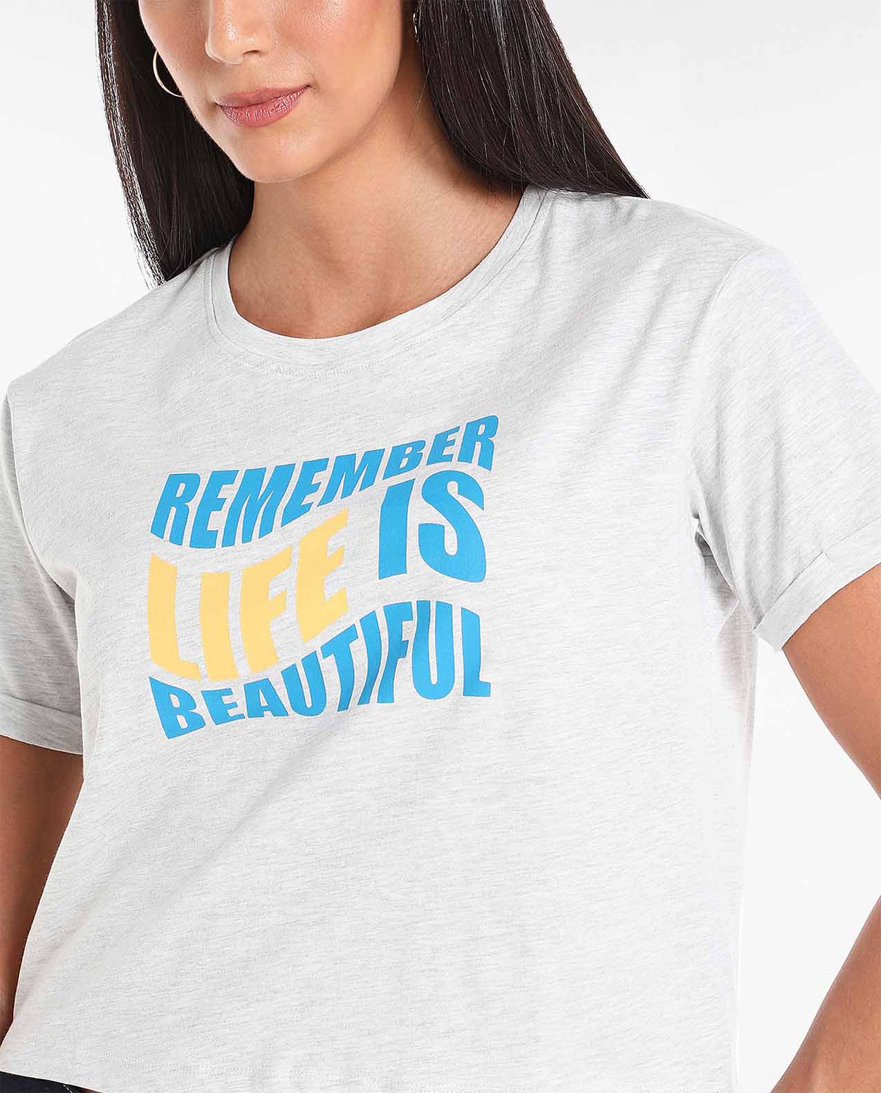 Shop Typography Printed Cropped T Shirt With Round Neck And Short