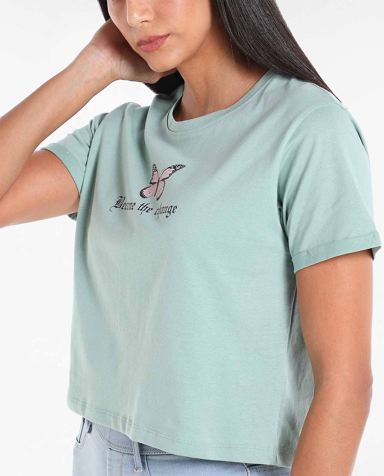 Shop Typography Printed Cropped T Shirt With Round Neck And Short